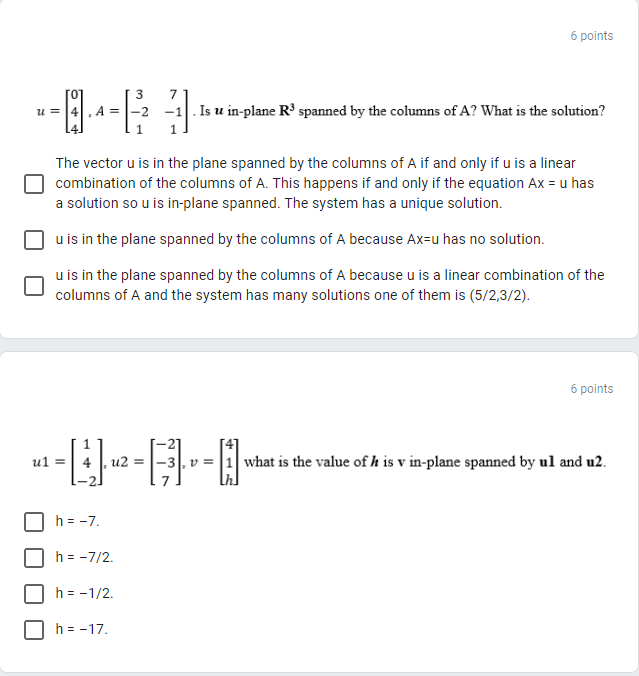 Solved 6 points 3 น ---- А Is u in-plane R’ spanned by the | Chegg.com