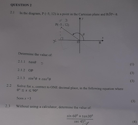 Solved QUESTION 2 2.1 In the diagram, P (-5; 12) is a point | Chegg.com