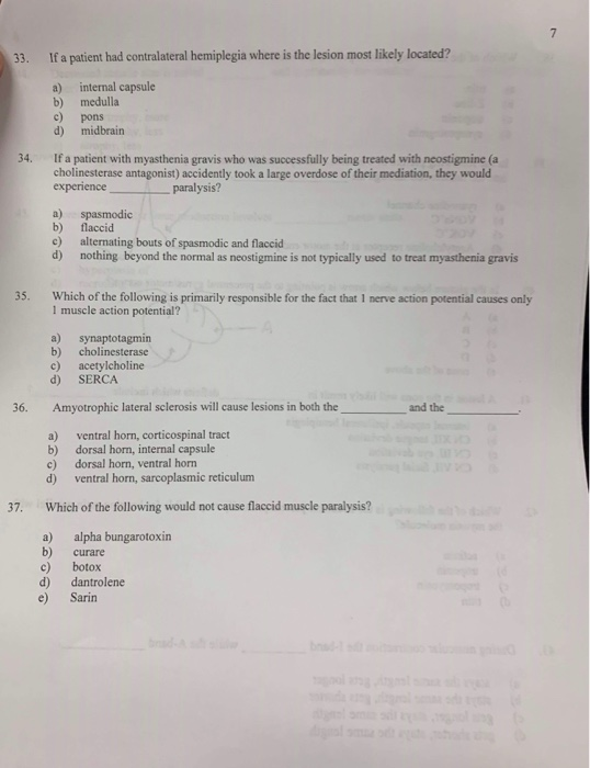 Solved 7 33. If a patient had contralateral hemiplegia where | Chegg.com
