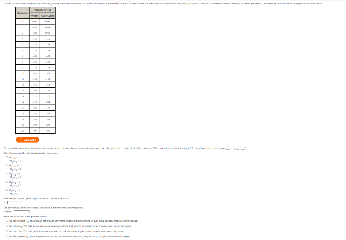 \table[[Swimmer,Velocity (ms) | Chegg.com