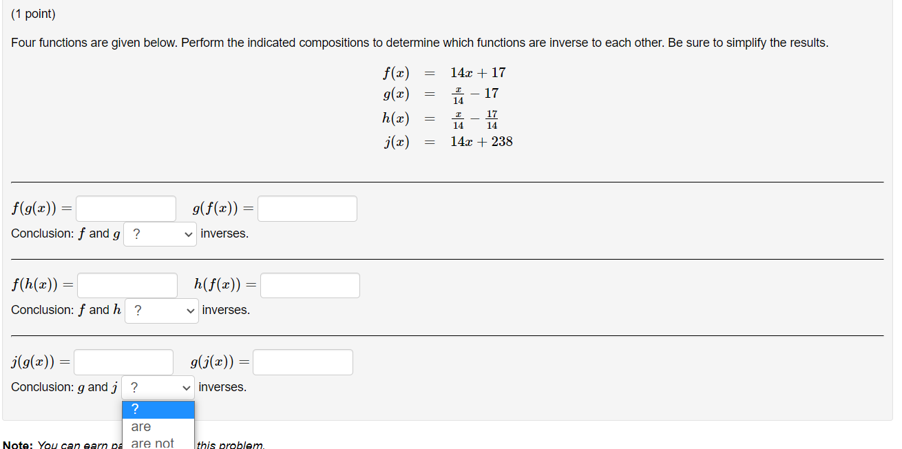 Solved (1 point) Four functions are given below. Perform the | Chegg.com