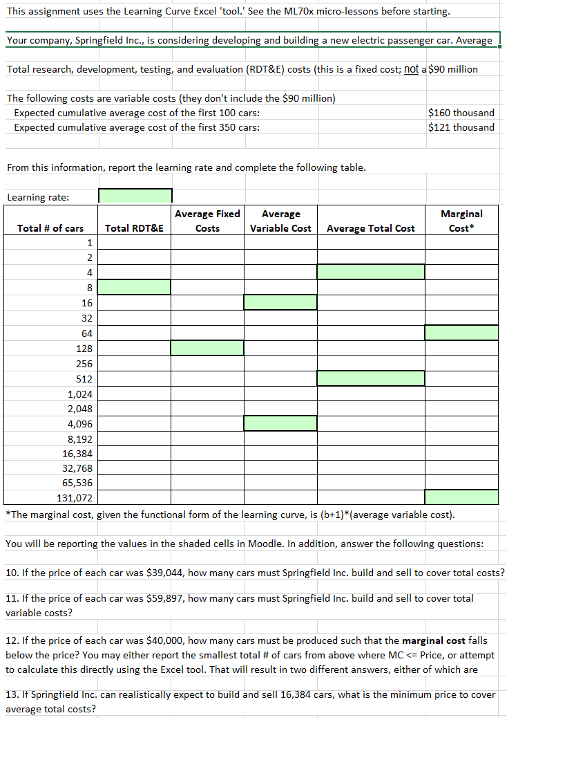 This assignment uses the Learning Curve Excel 'tool.' | Chegg.com
