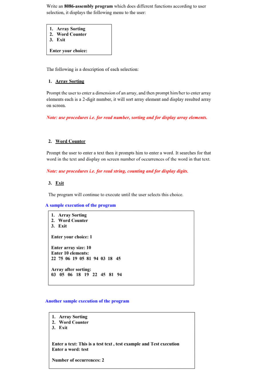 Write an 8086-assembly program which does different | Chegg.com