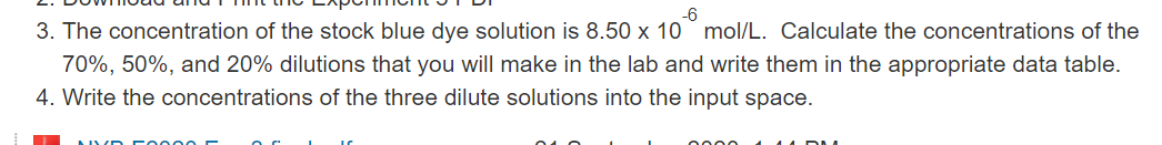 Solved -6 3. The concentration of the stock blue dye | Chegg.com