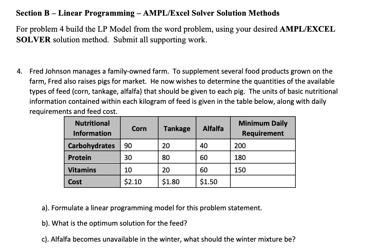 Solved Section B - Linear Programming – AMPL/Excel Solver | Chegg.com