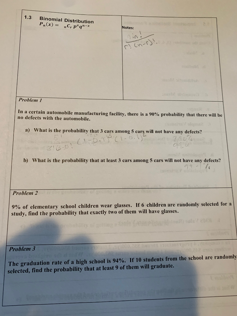 Solved 1.3 Binomial Distribution Pn(x) = nCr p*q"-* Notes: | Chegg.com