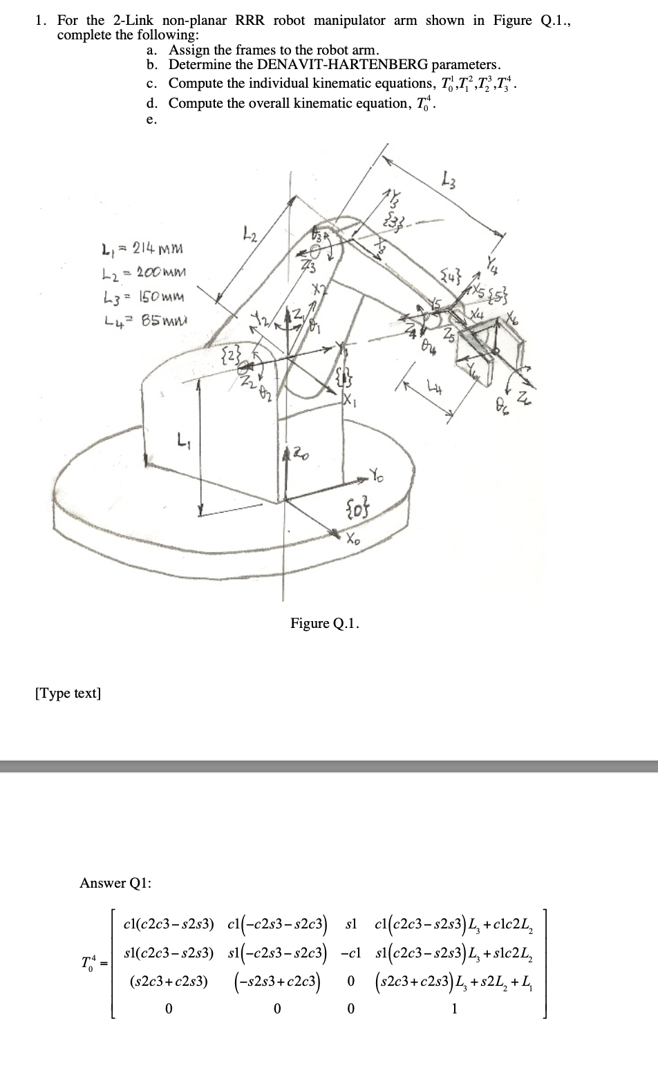 Solved 1. For the 2-Link non-planar RRR robot manipulator | Chegg.com
