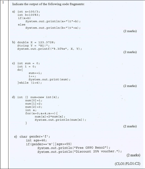 Solved Indicate the output of the following code fragments: | Chegg.com
