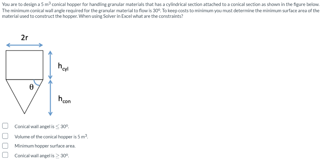 Solved You are to design a 5 m3 conical hopper for handling | Chegg.com