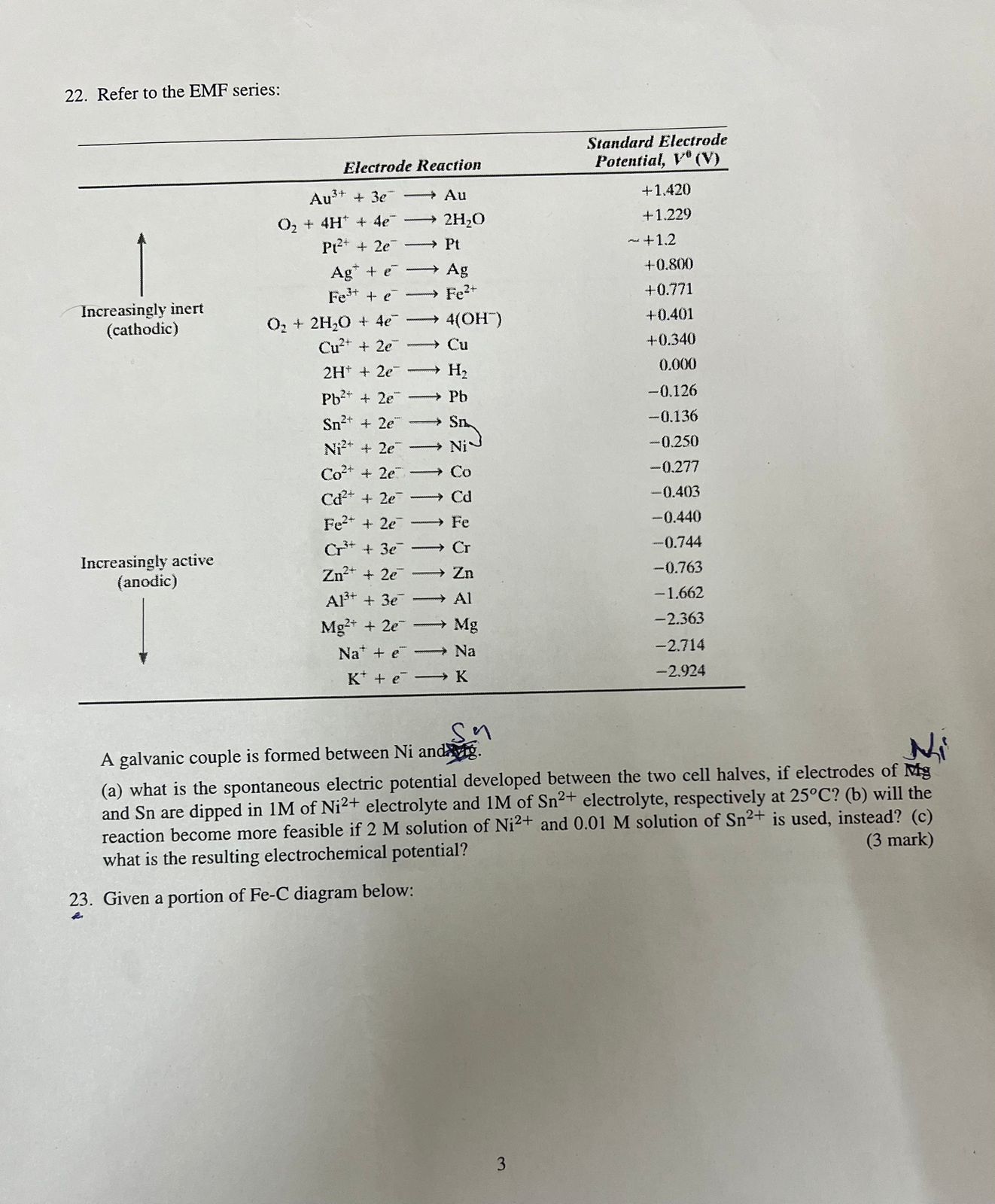Solved Refer to the EMF series:\table[[,Electrode | Chegg.com