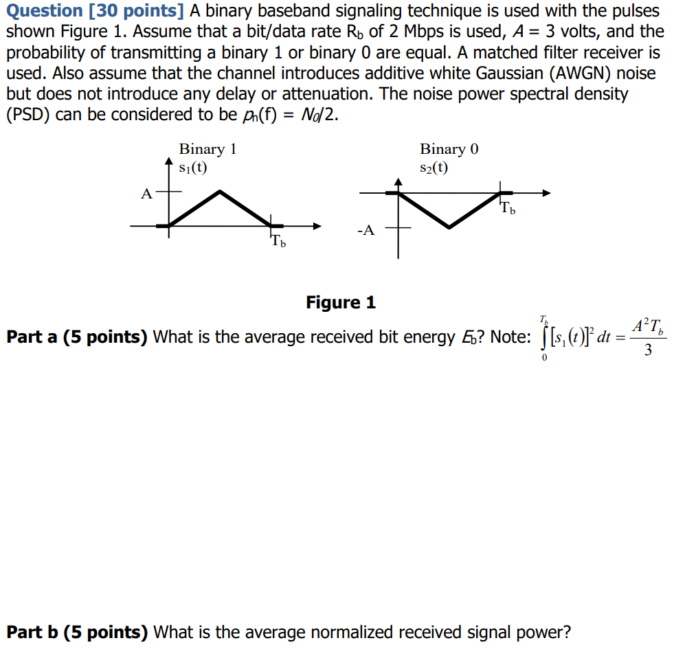 Solved Question [30 points] A binary baseband signaling | Chegg.com