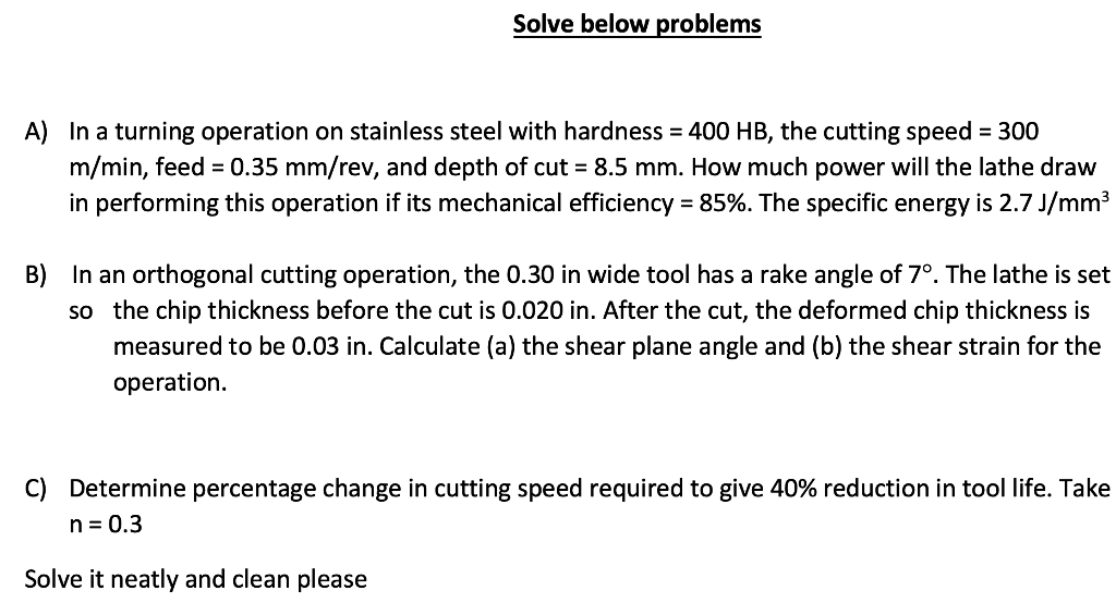 Solved Solve Below Problems A In A Turning Operation On