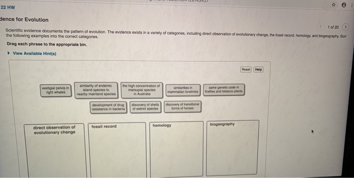 Solved 22 Hw dence for Evolution 1 of 20 documents the | Chegg.com