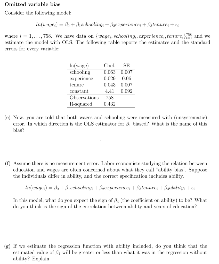 Solved Omitted variable bias Consider the following model: | Chegg.com