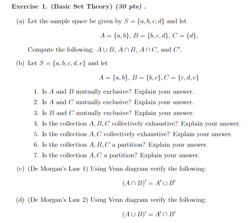 Solved Exercise 1. (Basic Set Theory) (30 pts). (a) Let the | Chegg.com