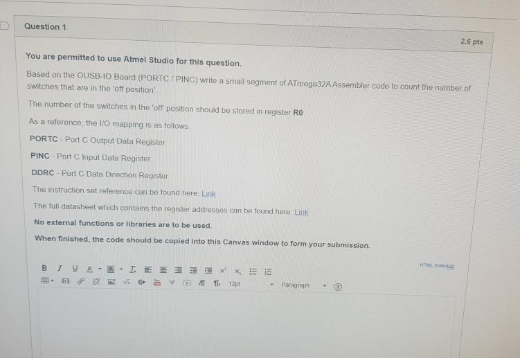 Question 1 2.6 pts You are permitted to use Atmel | Chegg.com