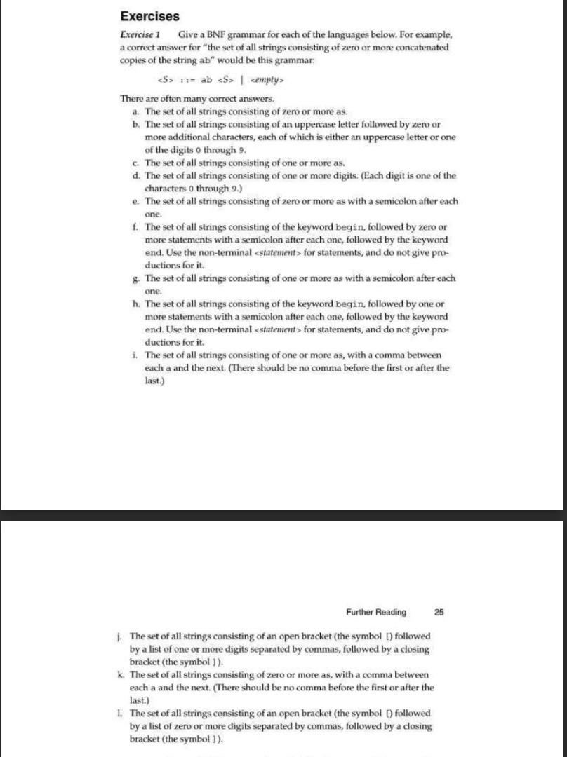 Solved Exercises Exercise 1 Give a BNF grammar for each of | Chegg.com