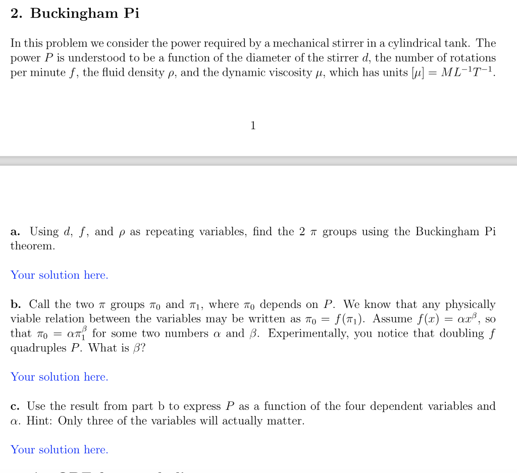 Solved 2. Buckingham Pi In this problem we consider the | Chegg.com