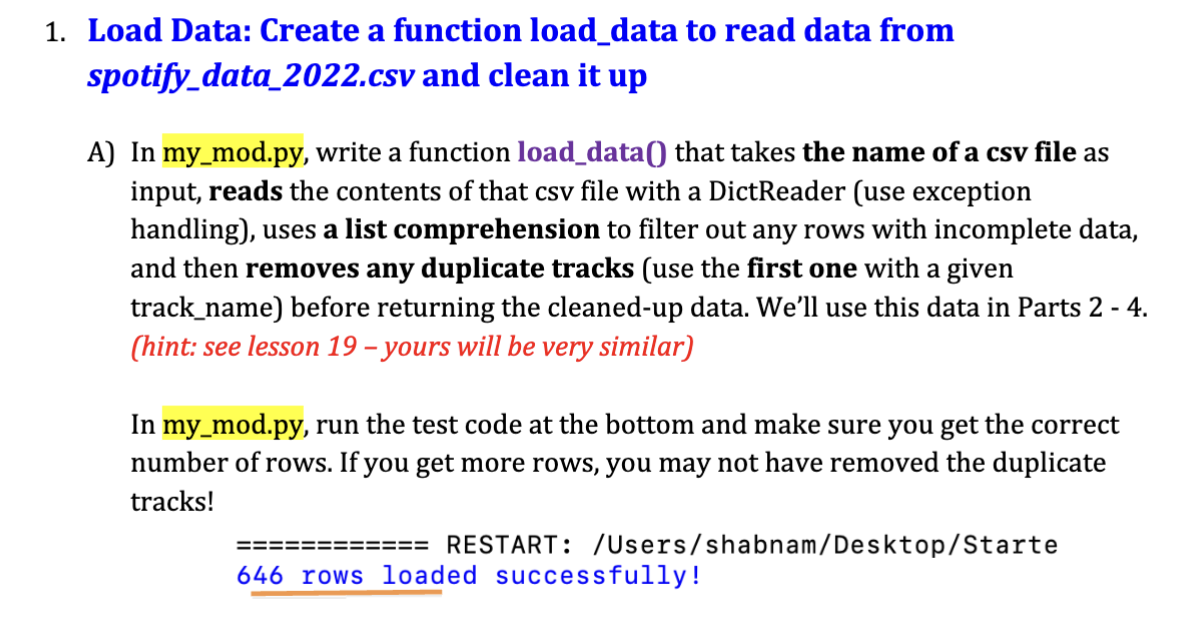 Solved Load Data: Create a function load_data to read data | Chegg.com