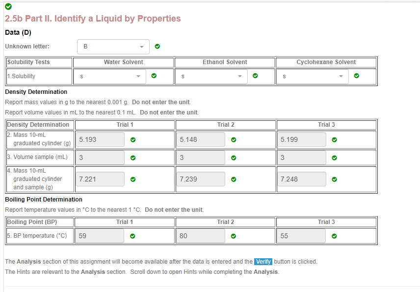 Solved 2.5b Part II. Identify a Liquid by Properties Data | Chegg.com