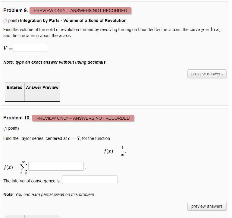 Solved Problem 9. PREVIEW ONLY -- ANSWERS NOT RECORDED (1 | Chegg.com