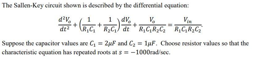 Solved The Sallen-Key circuit shown is described by the | Chegg.com