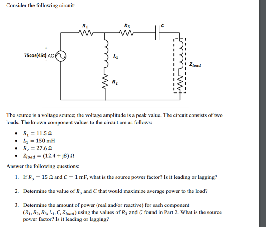 Solved Consider the following circuit: R1 R3 75cos(45t) AC | Chegg.com