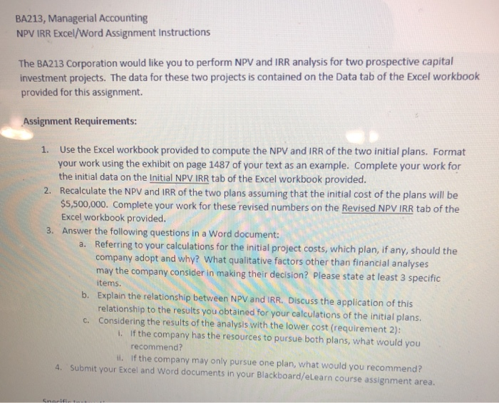 BA213, Managerial Accounting NPV IRR Excel/Word | Chegg.com