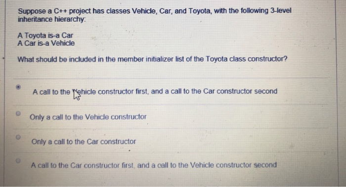 Solved Suppose a C++ project has classes Vehicle, Car, and | Chegg.com