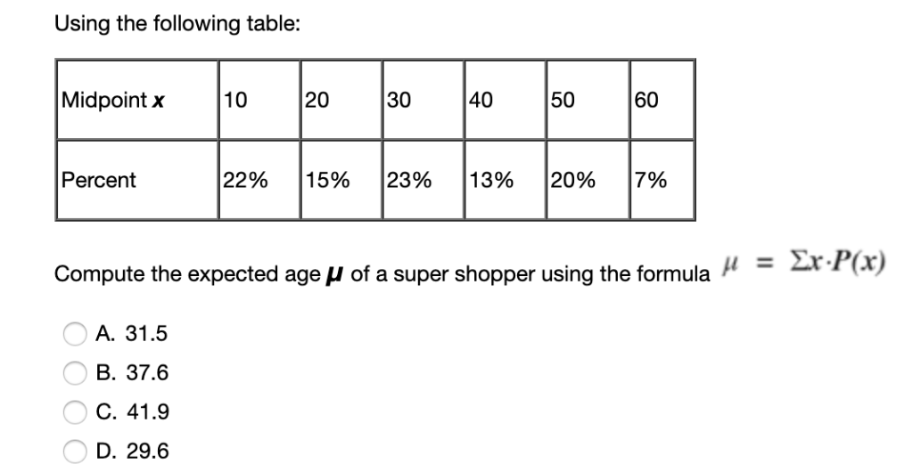 Solved Using the following table: Midpoint x 30 40 50 10 20 | Chegg.com