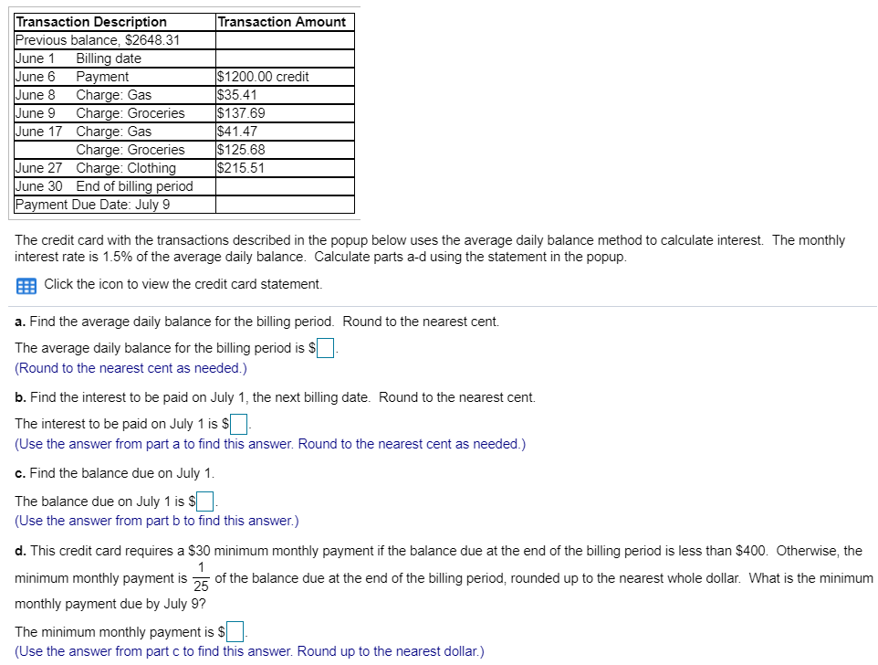 Solved Transaction Description Previous balance, $2648.31 | Chegg.com