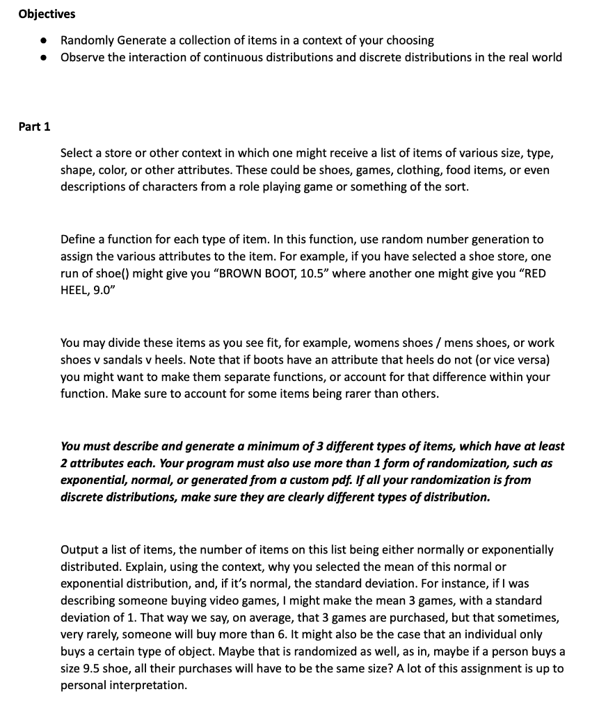 Solved Objectives - Randomly Generate a collection of items | Chegg.com