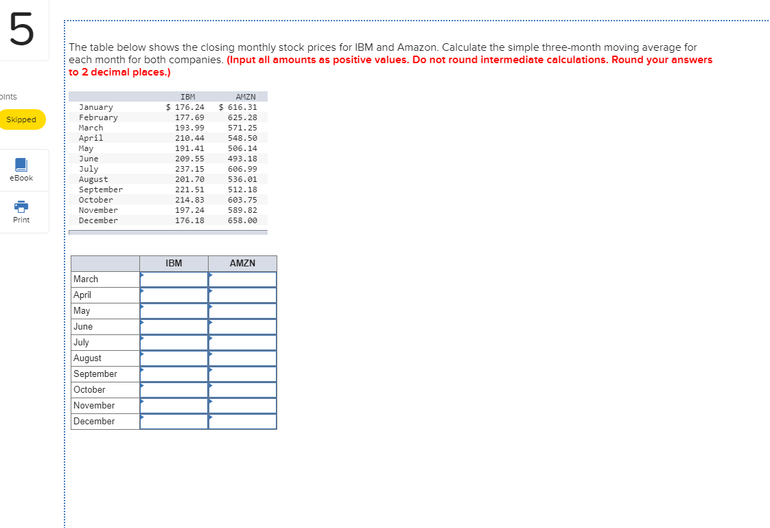 Solved The table below shows the closing monthly stock | Chegg.com