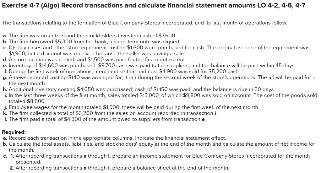Solved Exercise 4-7 (Algo) ﻿Record transactions and | Chegg.com
