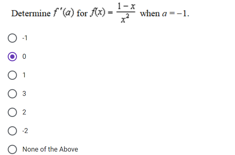 Solved Determine f′(a) for f(x)=x21−x when a=−1 −1 0 1 3 2 | Chegg.com