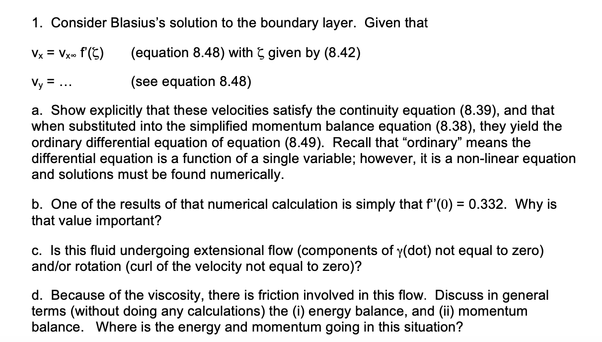 1. Consider Blasius's solution to the boundary layer. | Chegg.com