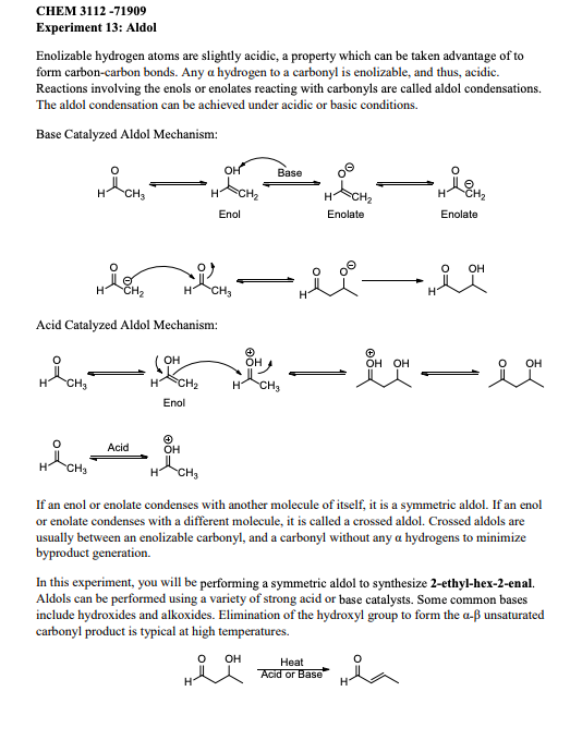 Solved CHEM 3112 -71909 Experiment 13: Aldol Enolizable | Chegg.com