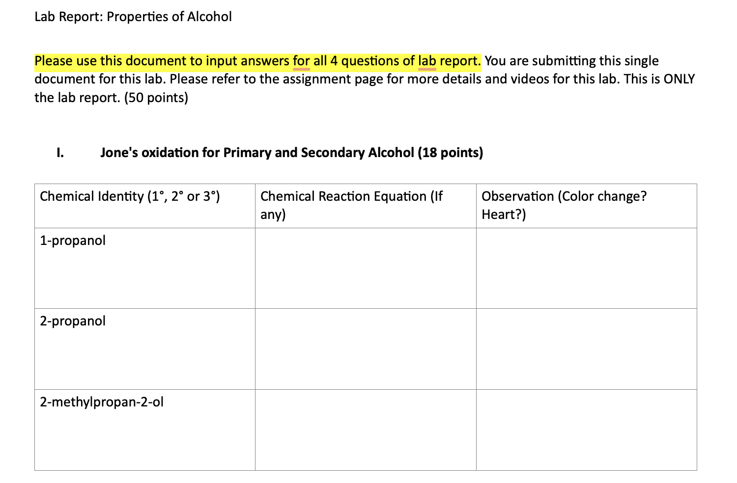 Solved Lab Report: Properties of Alcohol Please use this | Chegg.com