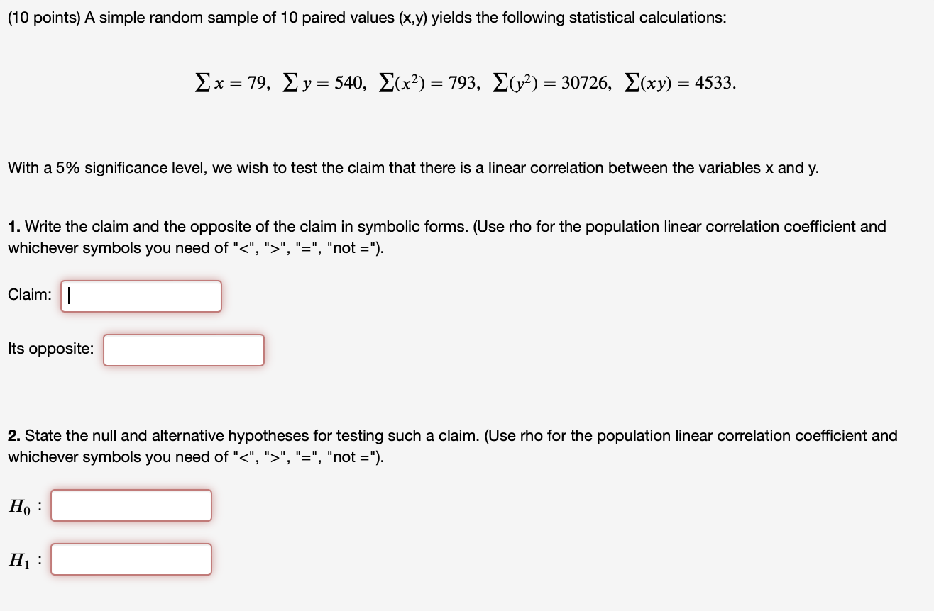 Solved (10 points) A simple random sample of 10 paired | Chegg.com