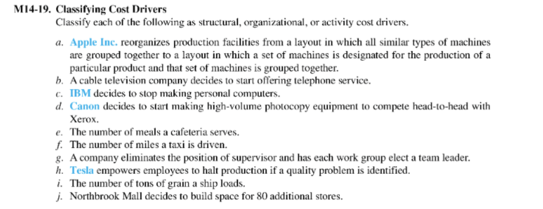 Solved M14-19. Classifying Cost Drivers Classify each of the | Chegg.com