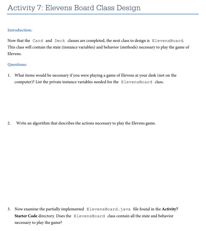 Activity 7: Elevens Board Class Design Introduction: | Chegg.com