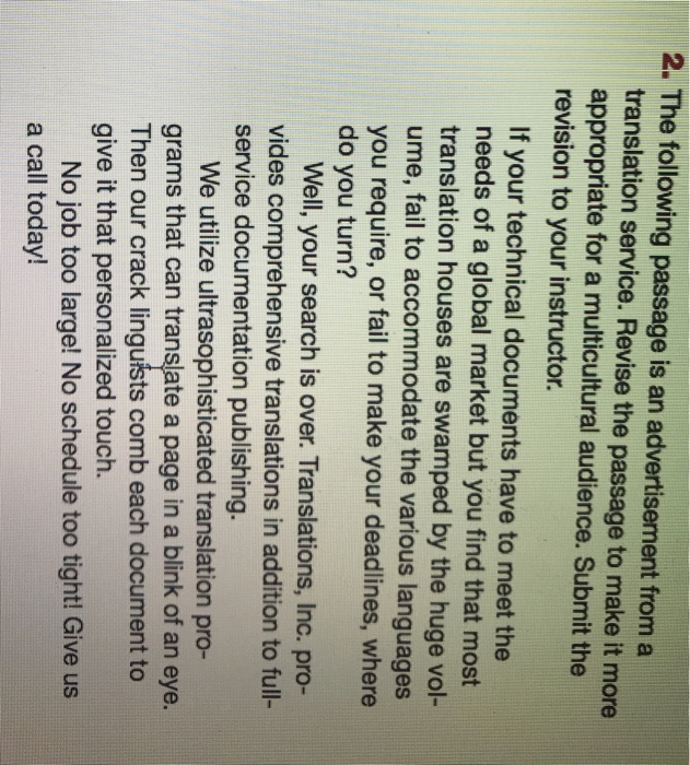 Solved 2. The following passage is an advertisement from a | Chegg.com