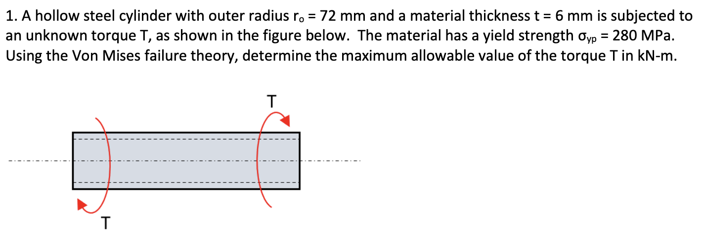 Solved 1. A hollow steel cylinder with outer radius r0=72 mm | Chegg.com