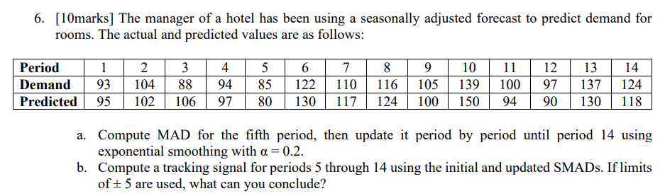 Solved 6. [10marks] The manager of a hotel has been using a | Chegg.com