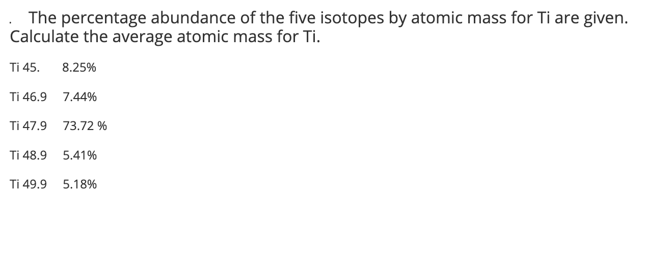 Solved The percentage abundance of the five isotopes by | Chegg.com