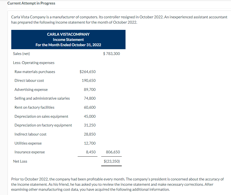 Solved Current Attempt in Progress Carla Vista Company is a | Chegg.com