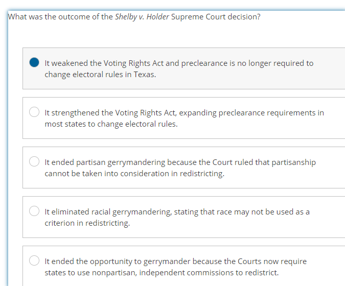 What was the outcome of the Shelby v. Holder Supreme | Chegg.com