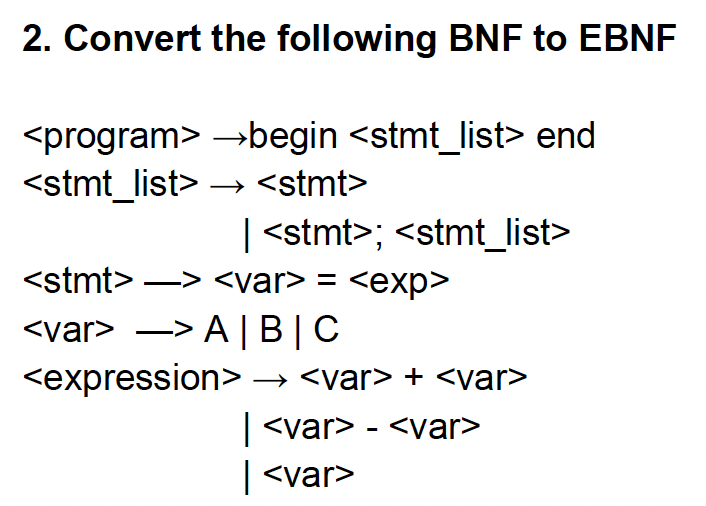 Solved 2. Convert the following BNF to EBNF → | Chegg.com