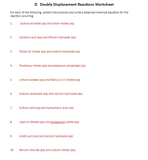 Solved D. Double Displacement Reactions Worksheet For each | Chegg.com
