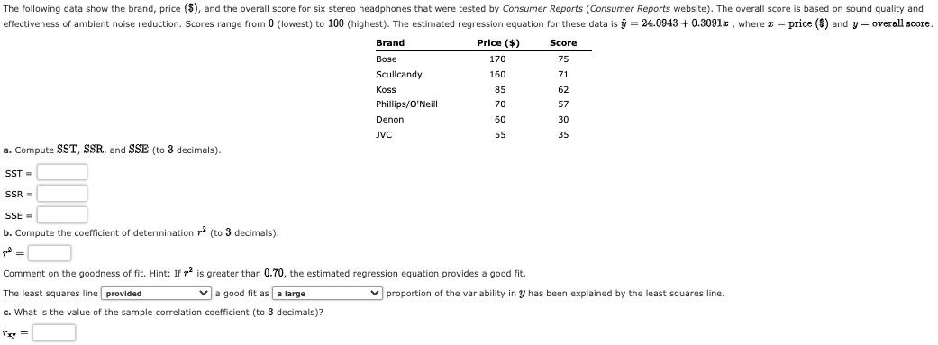 Solved A Compute Sst Ssr And Sse To 3 Decimals Sst